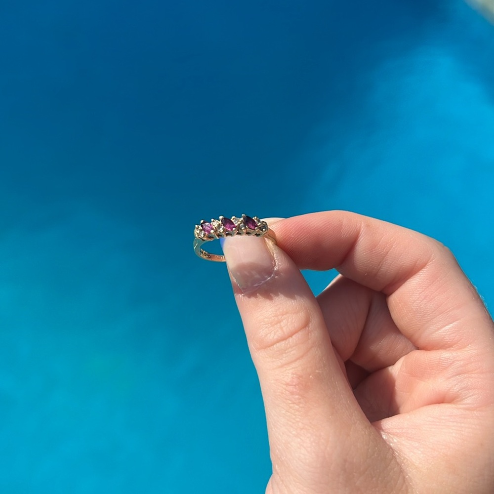 14k Gold Ring With Marquee Cut Rubies And Diamonds. - Gem